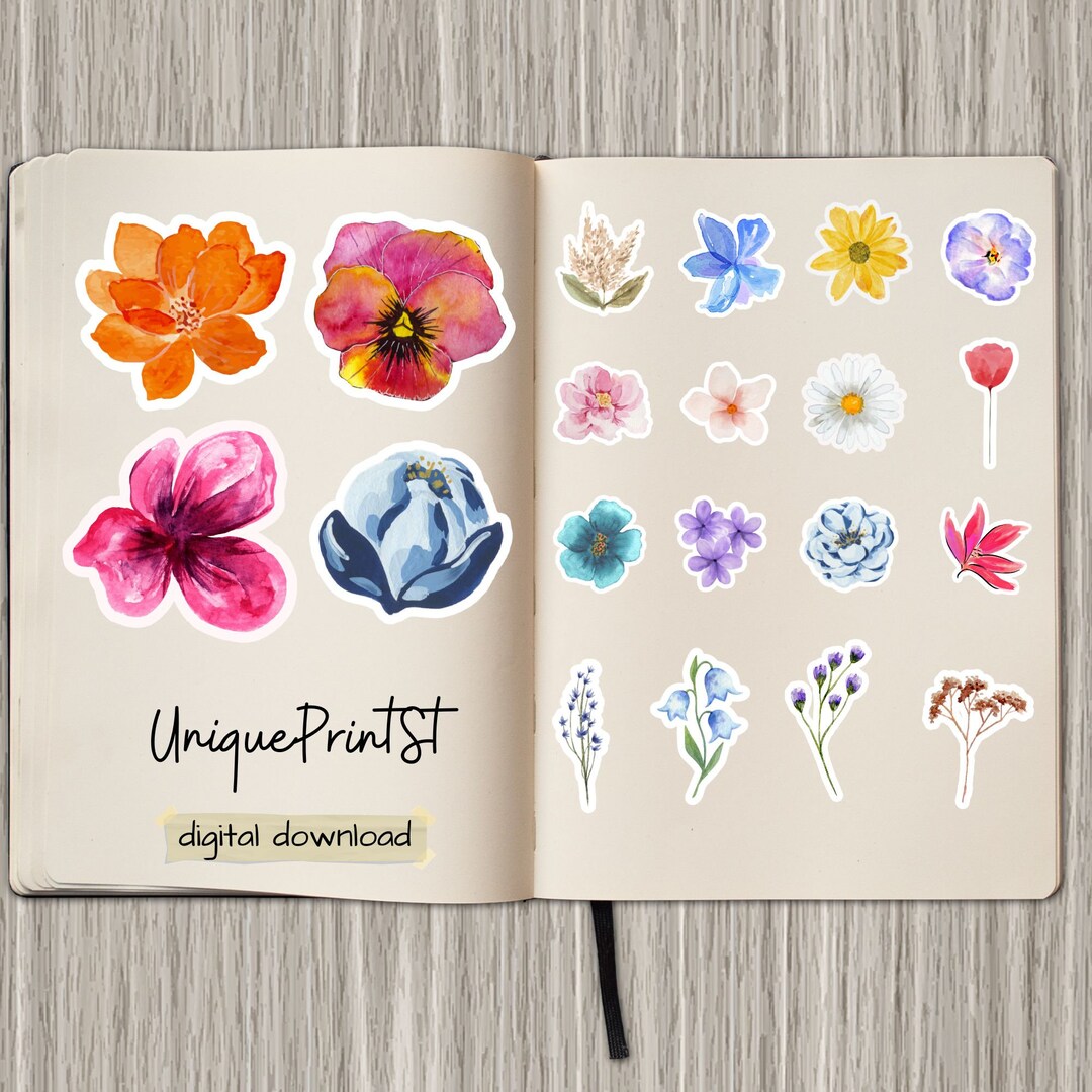 Watercolor Flower Printable Stickers, 56 Flower Sticker Designs Bundle ...