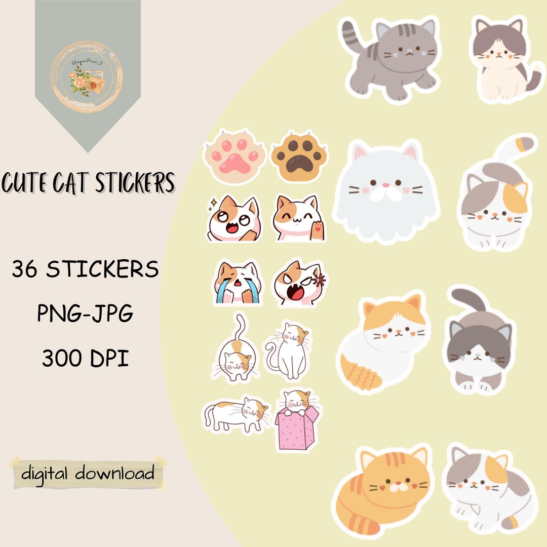 36 Pcs Cute Cat Printable Stickers, Animal Stickers, Cool Cat, Digital ...