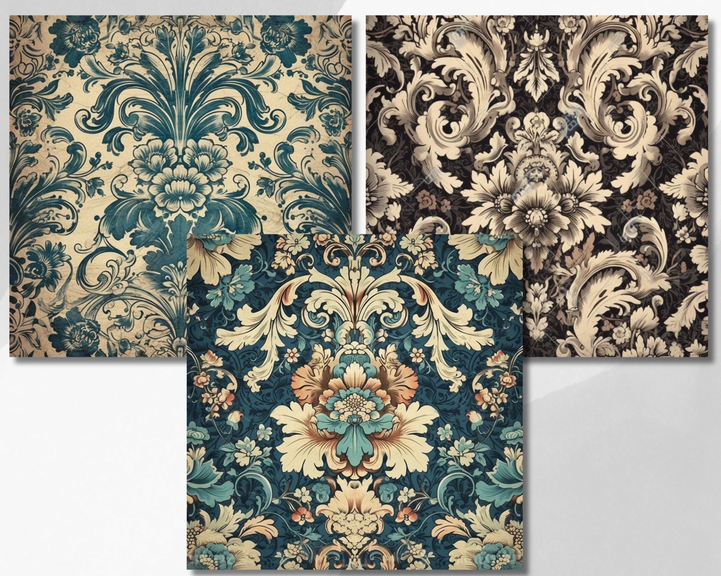 Victorian Floral Damask Digital Paper Pack, Vintage Rococo Seamless ...