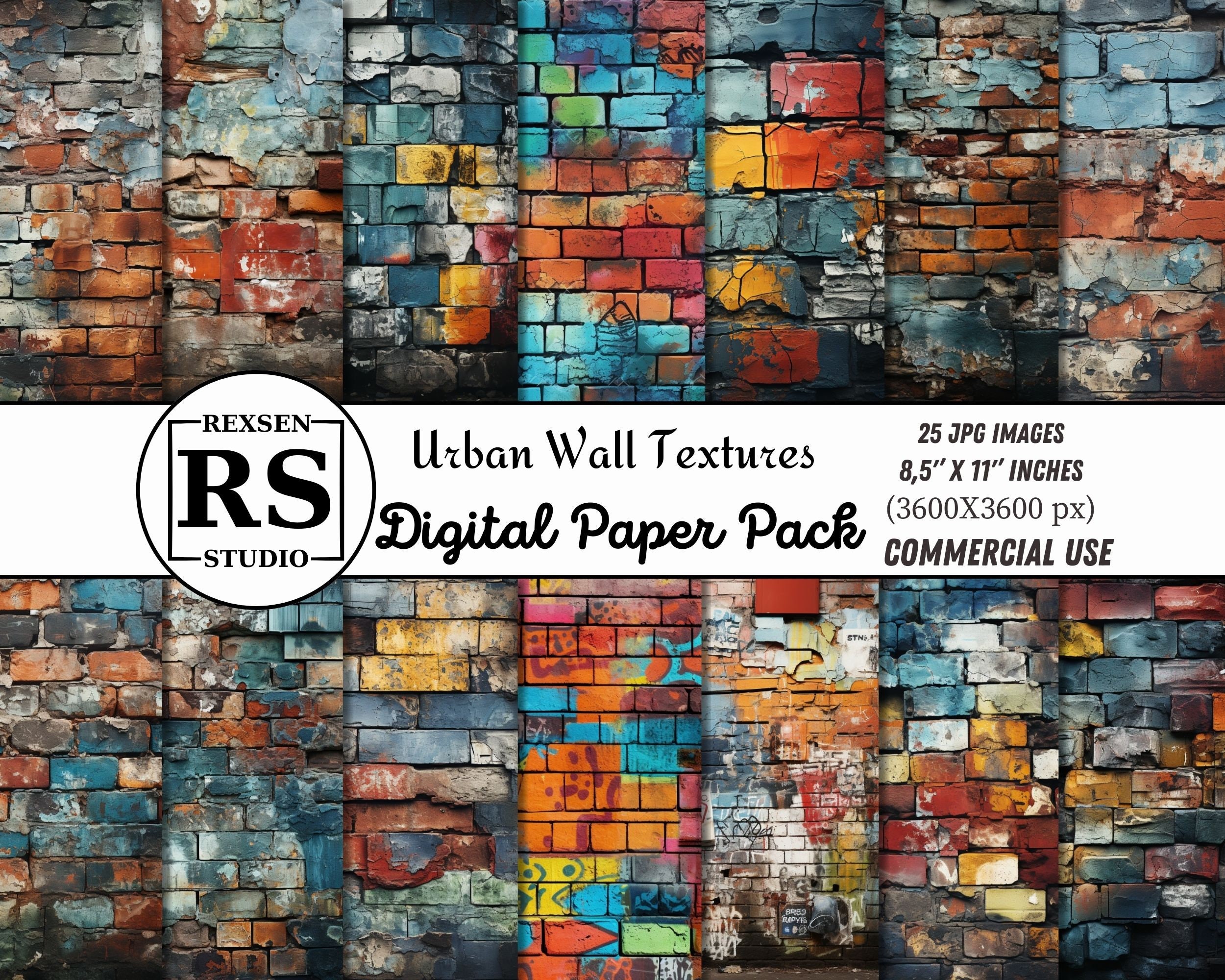 Urban Wall Textures Digital Paper, Graffiti Brick Wall Digital Paper ...