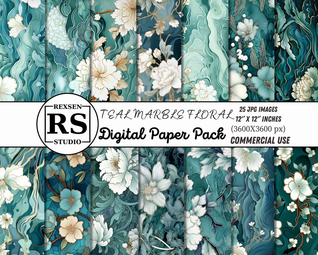 Teal Marble Floral Digital Paper: Japanese Seamless Patterns (digital ...