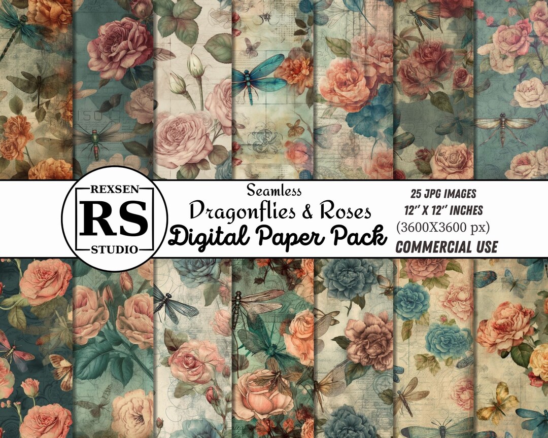 Dragonflies and Roses Digital Paper - Seamless Dragonfly Patterns and ...