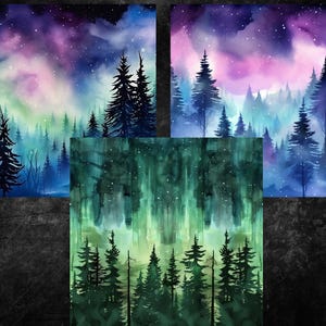 Watercolor Aurora Digital Paper - Watercolour Aurora Borealis Winter ...