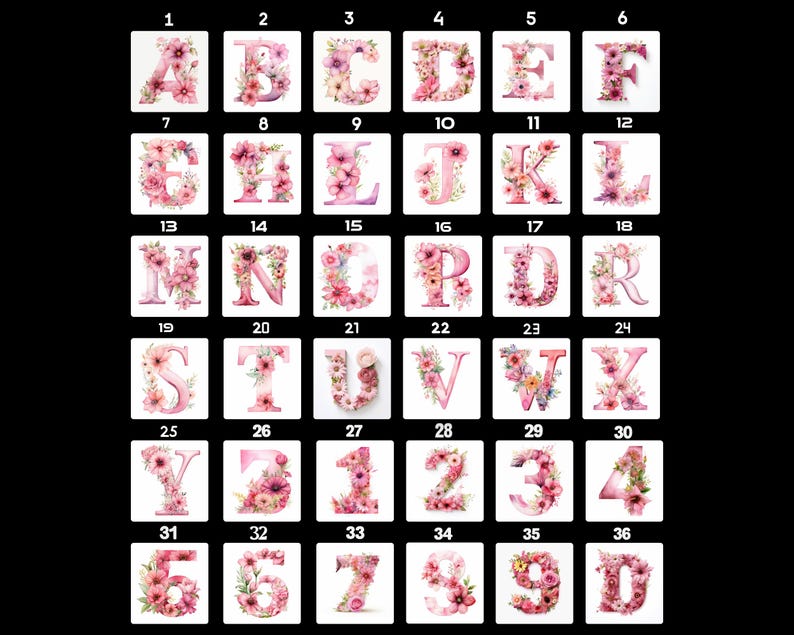 Watercolor Floral Alphabet Collection Clipart, 36 PNG Pink Alphabet ...