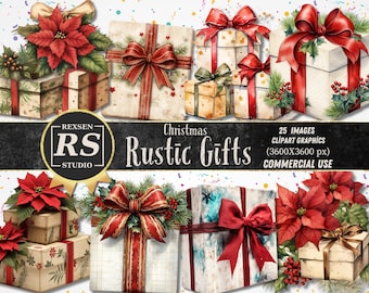 Rustic Christmas Gift Boxes Clipart Set – Vintage Wrapped Presents ...