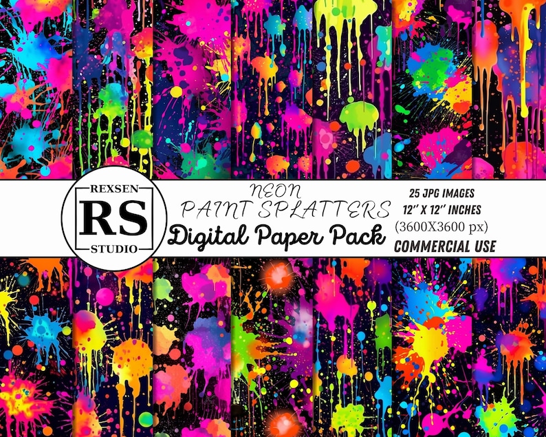 Neon Paint Splatters Digital Paper, Printable Scrapbook Paper ...