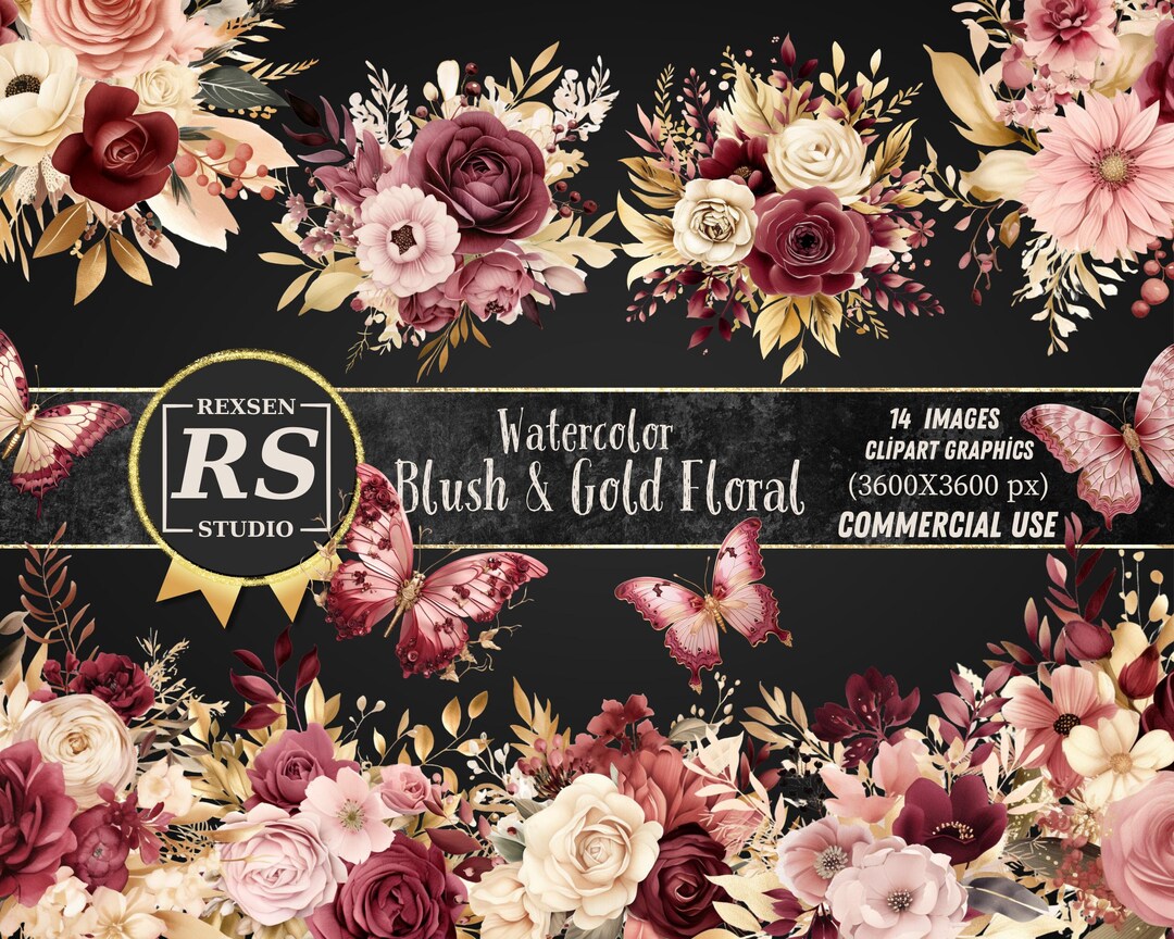 14 Blush Burgundy Gold Floral Bouquets Clipart,digital Instant Download ...
