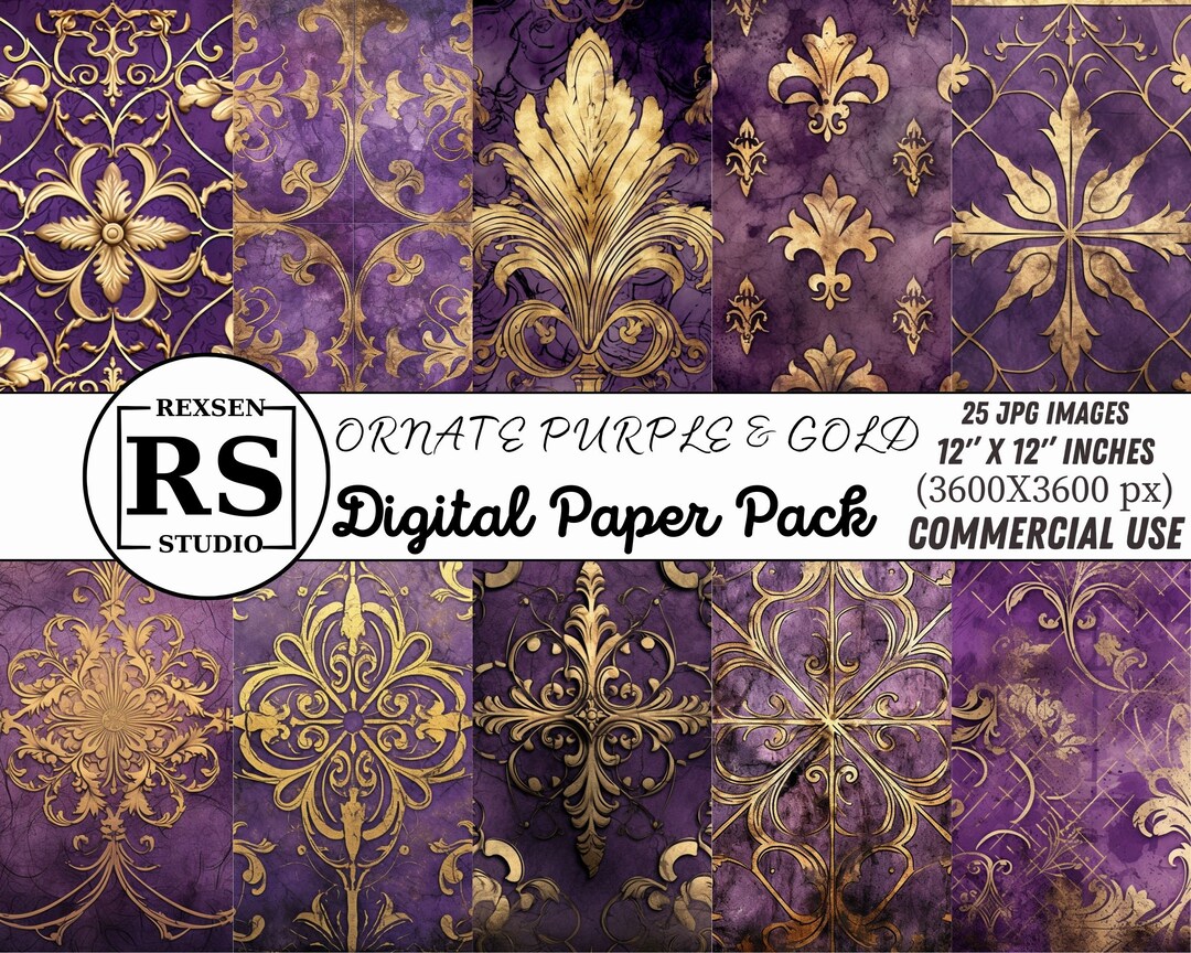 Distressed Ornate Purple and Gold Digital Paper - Seamless Printable ...