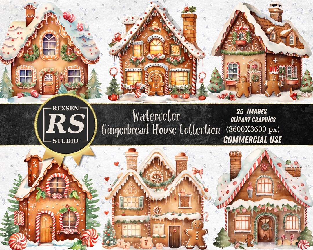 Watercolor Gingerbread House Collection Clipart, 25 PNG Christmas ...