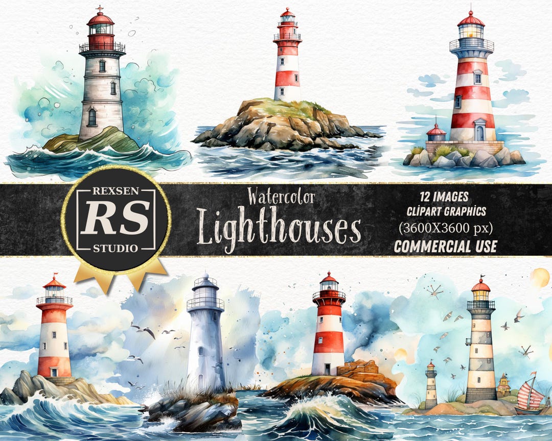12 Watercolor Lighthouses Clipart - Cute Nautical Ocean Clip Art ...