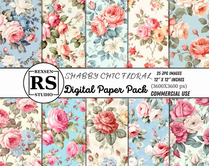 Vintage Floral Digital Paper: Shabby Chic Rose Patterns (digital ...