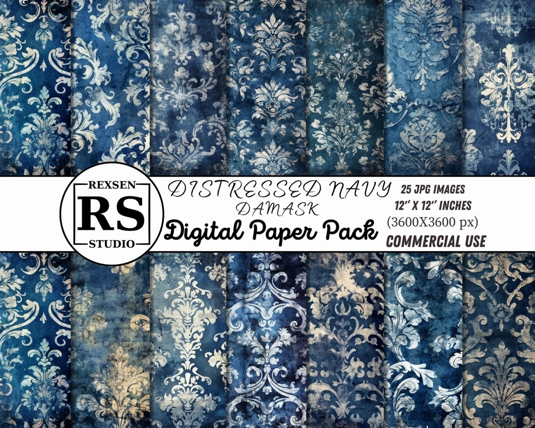 Navy Blue Distressed Damask Textures: Scrapbook Paper (digital Download ...