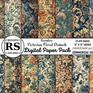 Victorian Floral Damask Digital Paper Pack, Vintage Rococo Seamless ...