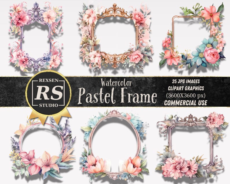 Watercolor Pastel Frame Clipart: Vintage Scrapbooking PNG (digital ...