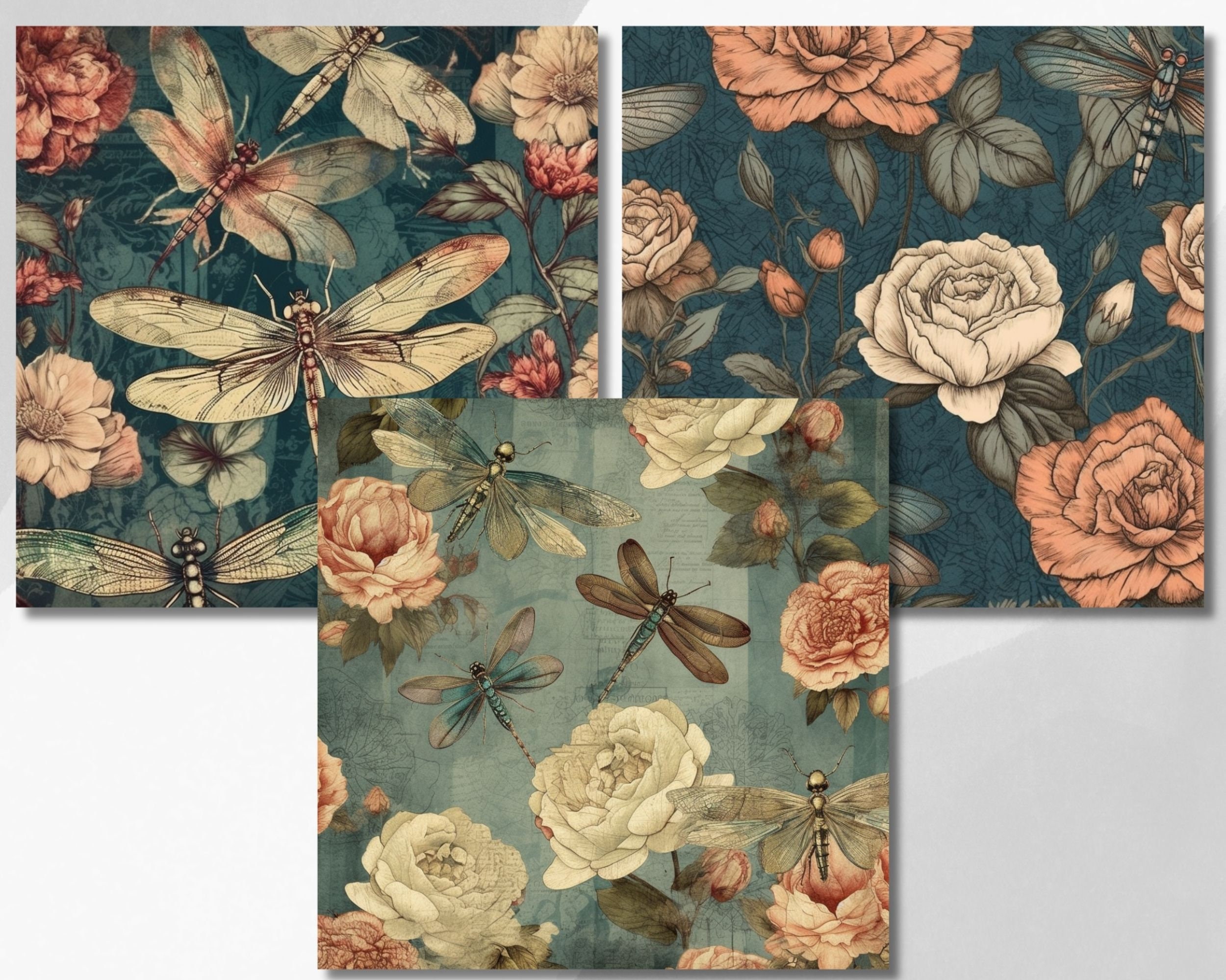 Dragonflies and Roses Digital Paper - Seamless Dragonfly Patterns and ...