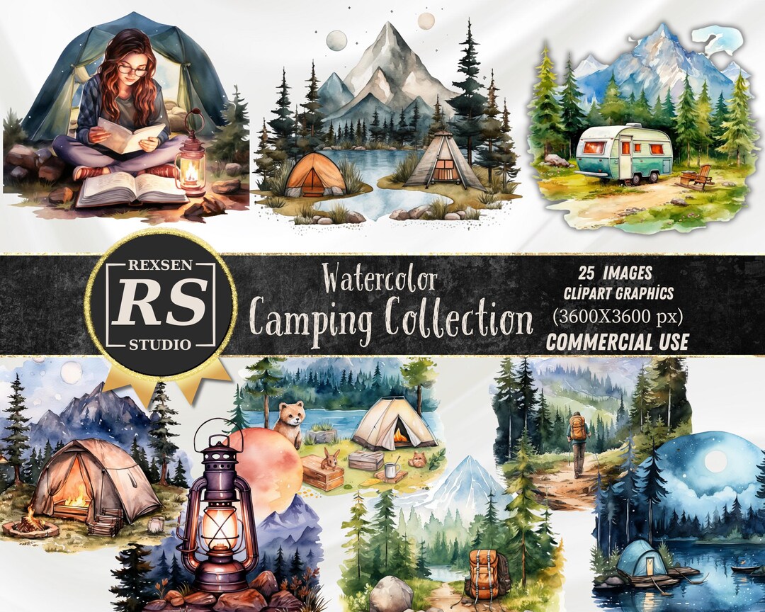Watercolor Camping Collection Clipart, 25 PNG Mountain Landscape ...