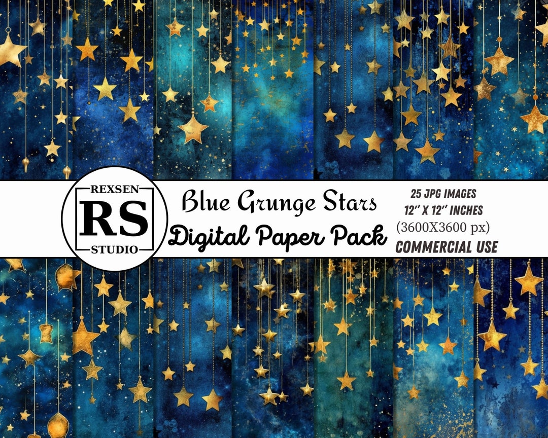 Blue Grunge Stars Digital Paper, Golden Starry Night Digital Papers ...