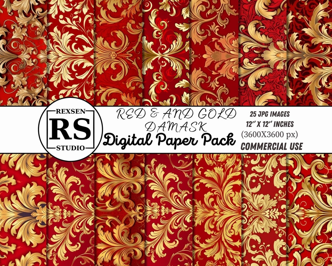 Red and Gold Damask Digital Paper, Seamless Damask Patterns Printable ...