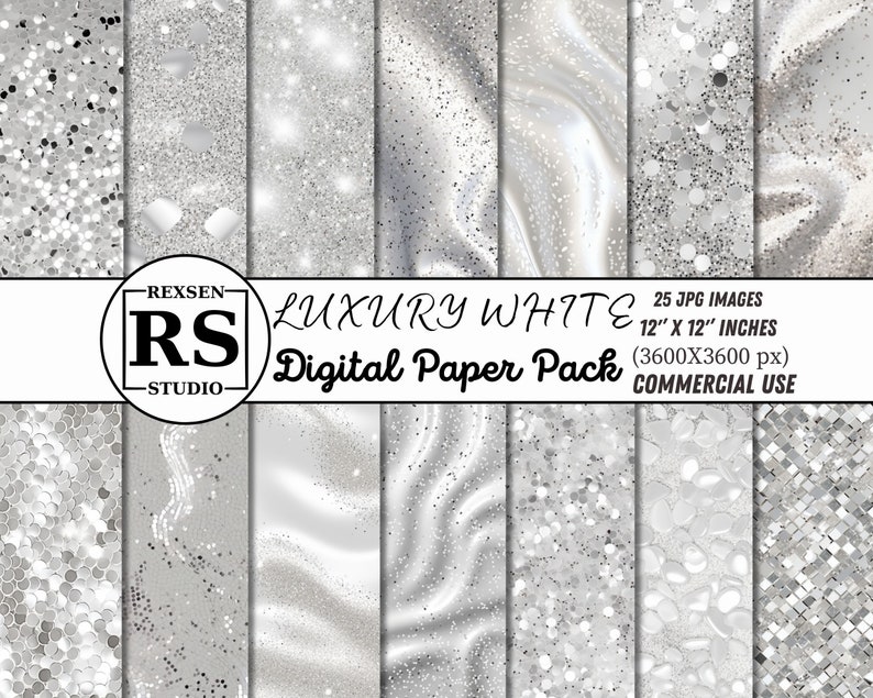 Luxury White Digital Paper, Seamless White Silver Scrapbook Paper ...