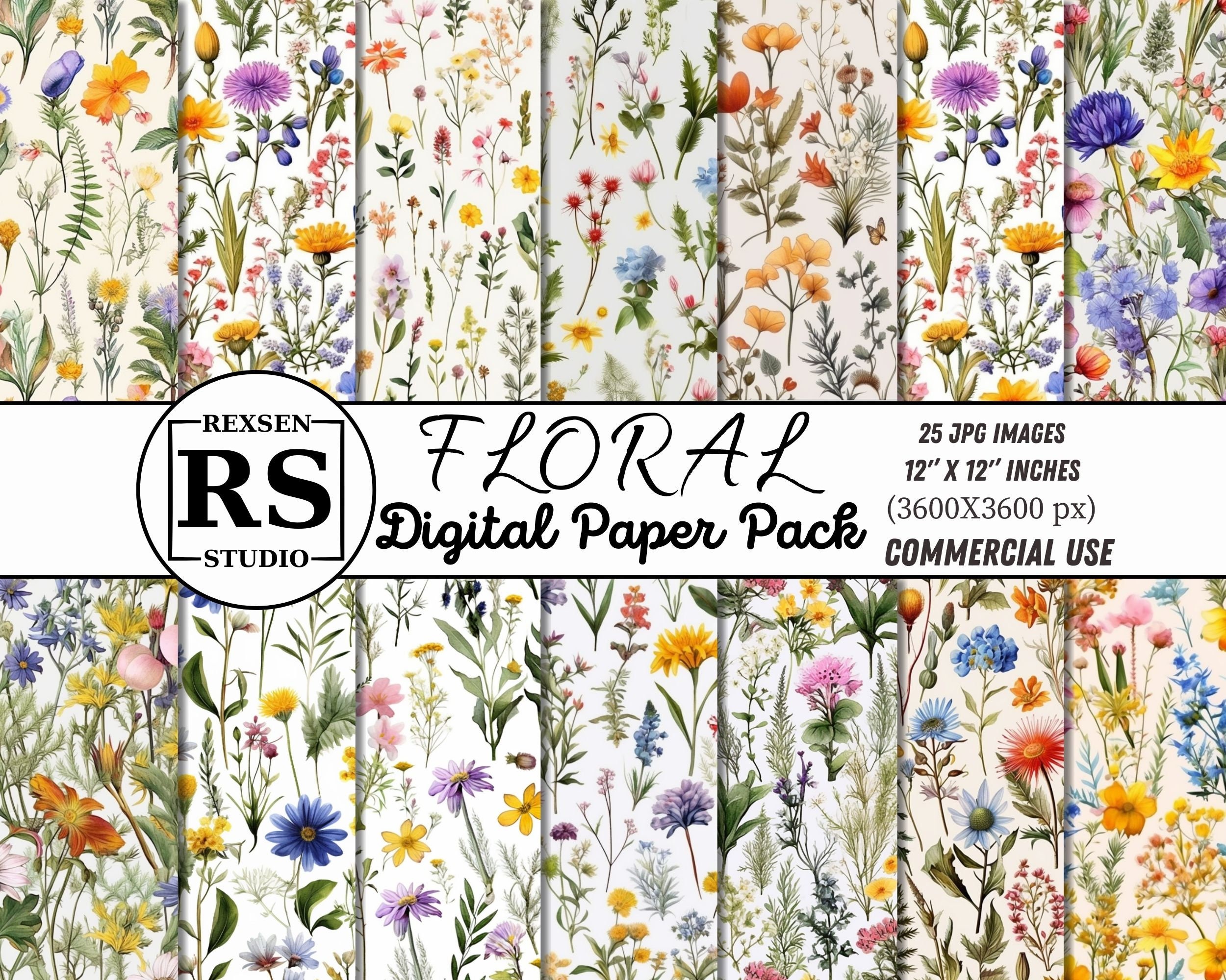 Wildflowers Summer Floral Digital Paper Pack, Wildflowers Greenery ...