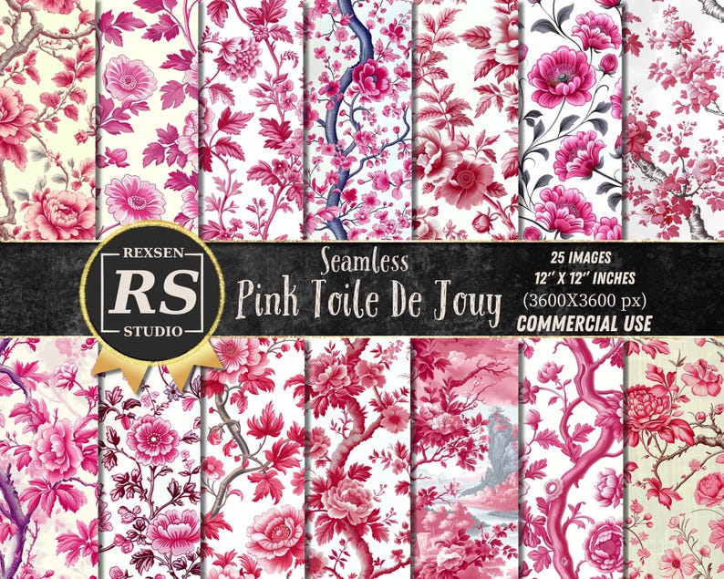 Pink Toile De Jouy Digital Paper, Vintage Floral Patterns, Pink and ...