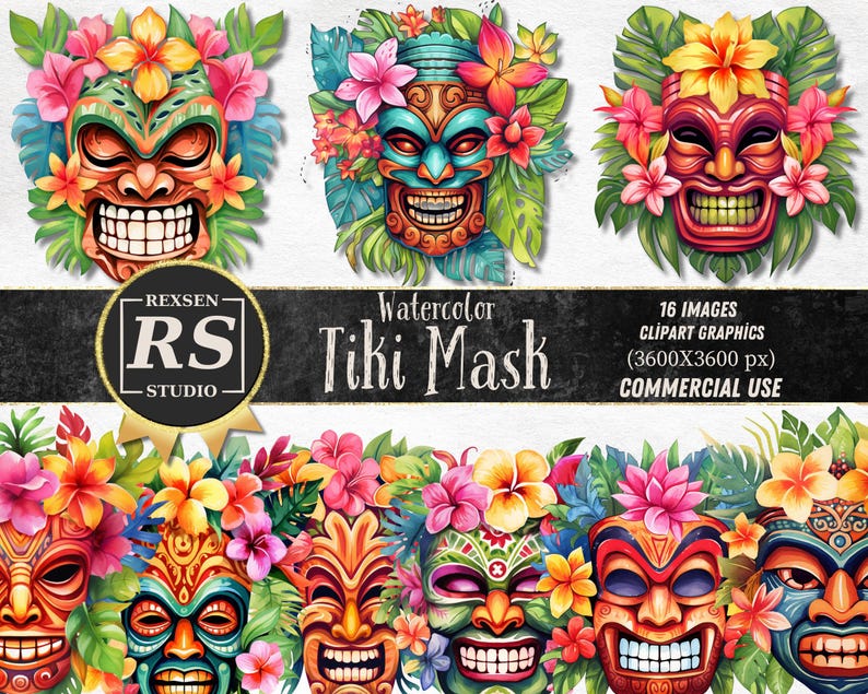 16 Watercolor Tiki Mask Clipart Floral Hawaiian Tiki Clip Art PNG ...