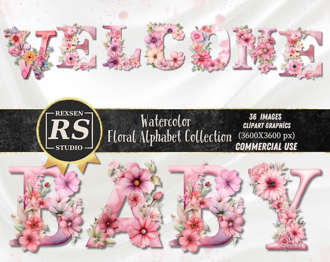 47 PNG, Watercolor Bright Pink Floral Alphabet Collection Clipart, Pink ...