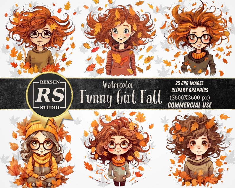 Funny Girl Fall Leaves Autumn 25 PNG Graphics Cartoon Illustration ...