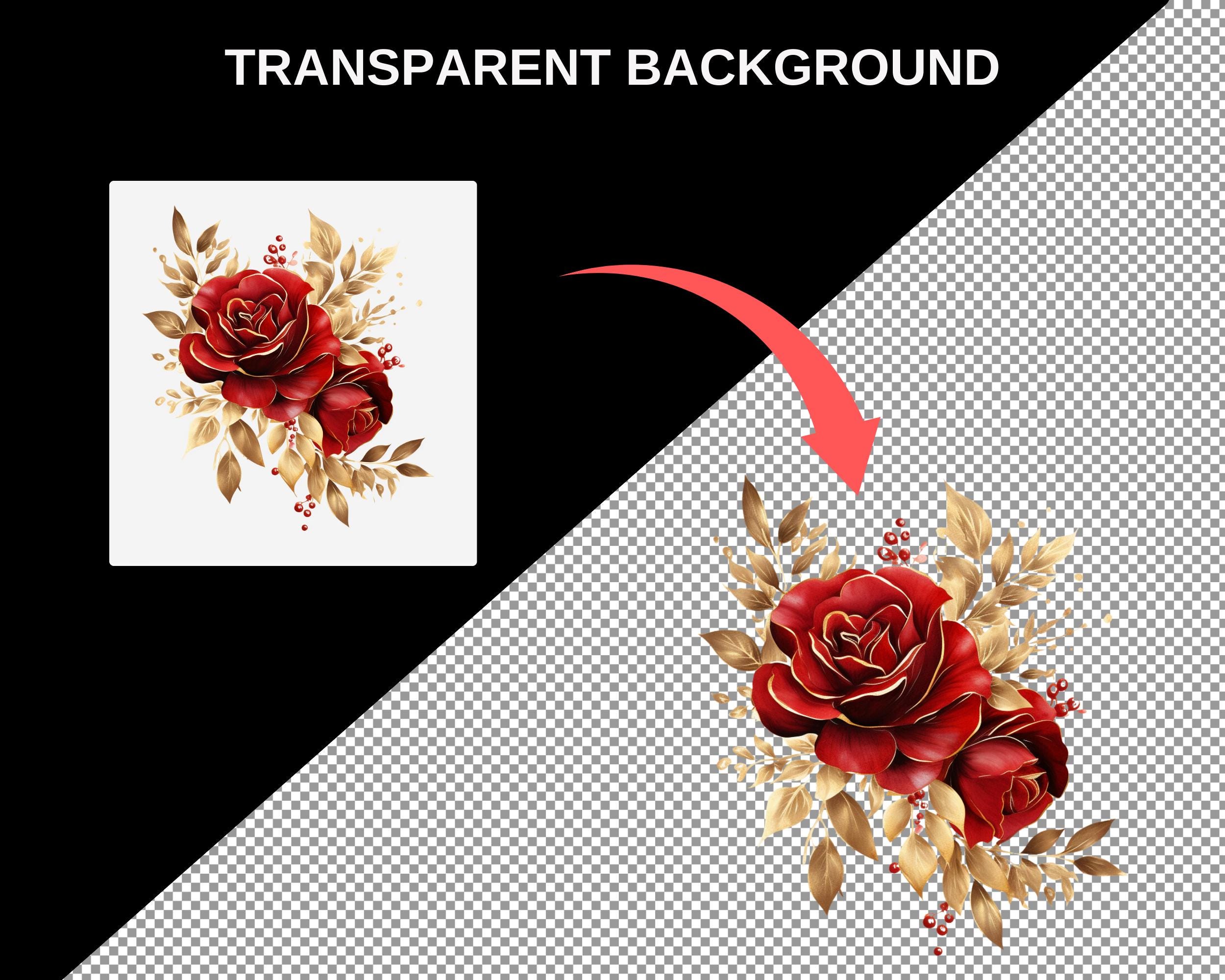 Red and Gold Floral Clip Art, Digital Instant Download Painted ...