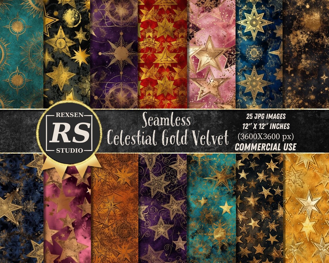 25 Celestial Gold Star Velvet Digital Paper Pack (PDF) | Seamless ...