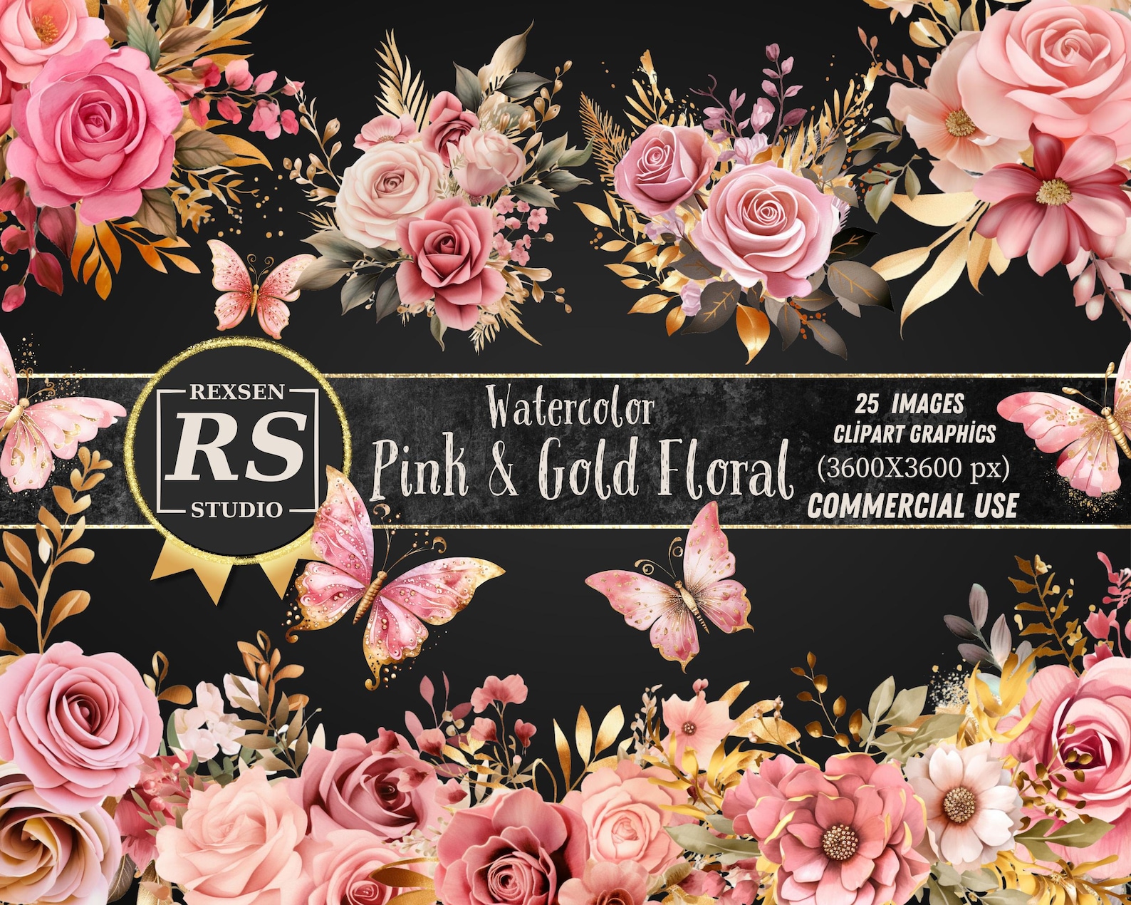 Pink and Gold Floral Clip Art, Digital Instant Download Painted ...