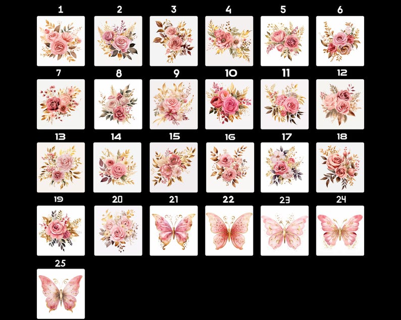 Pink and Gold Floral Clip Art, Digital Instant Download Painted ...