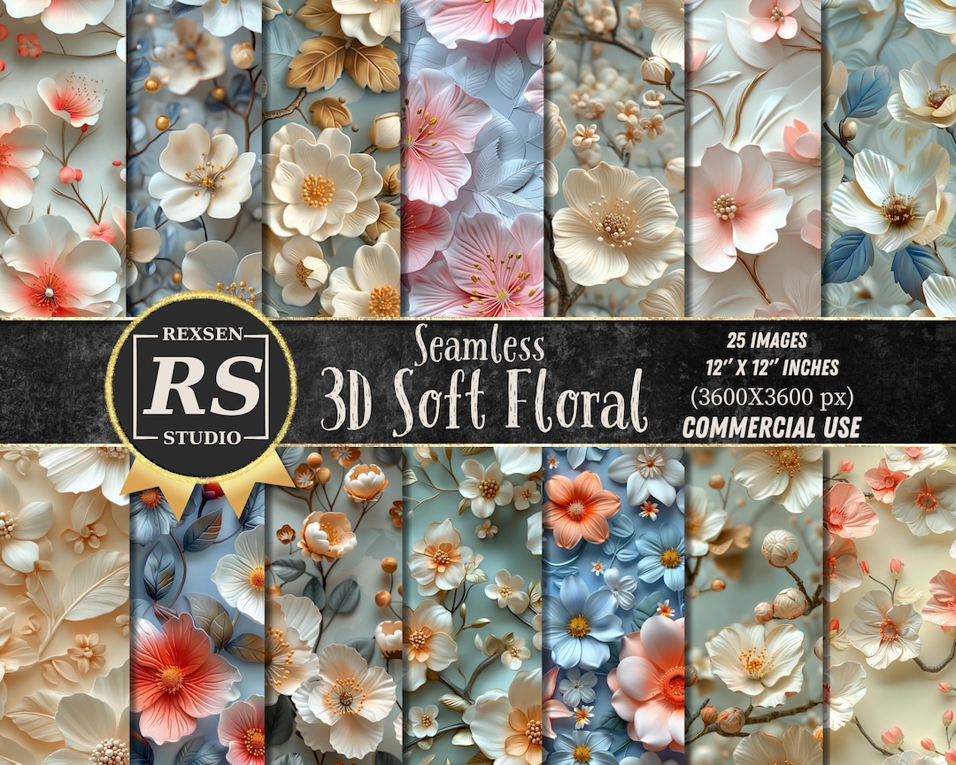 3D SOFT FLORAL Digital Paper Pack -25 Jpg Digital Paper - Seamless ...