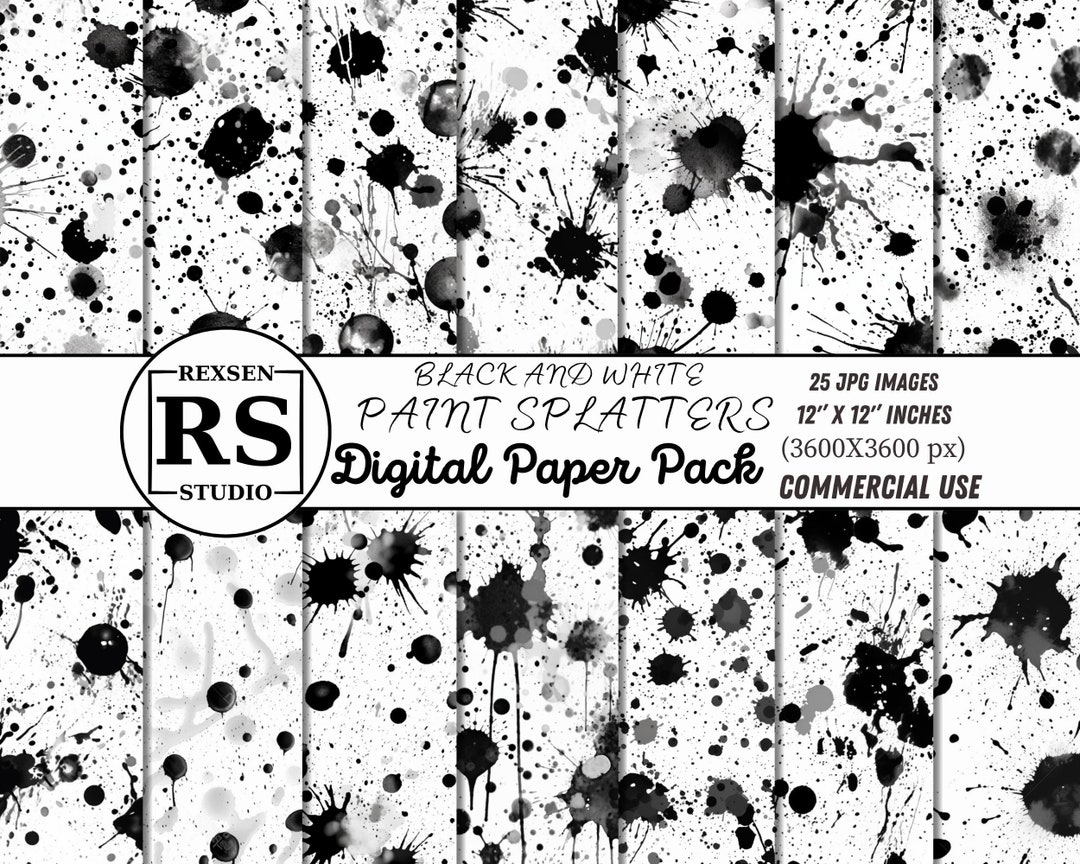 Black and White Paint Splatters Digital Paper, Printable Scrapbook ...