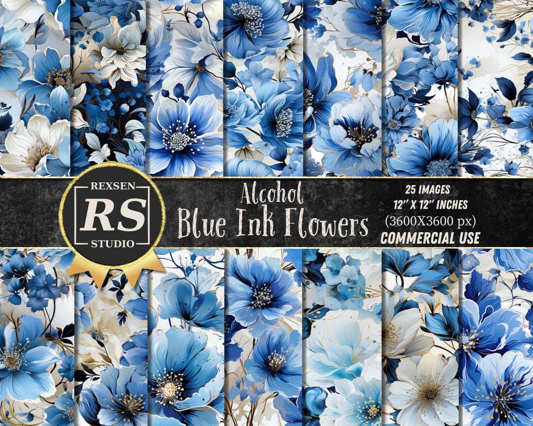 Blue Ink Floral Digital Paper Pack, Watercolor Flower Textures ...