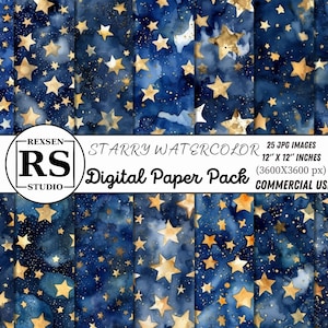 Starry Watercolor Digital Paper - Seamless Navy Watercolor Textures and ...