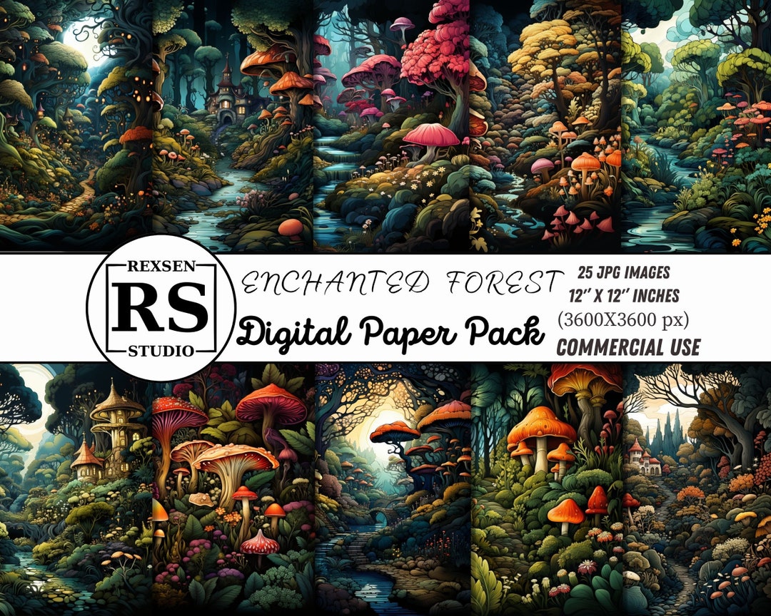 Printable Fantasy Enchanted Forest Digital Paper, Magical Mystery ...