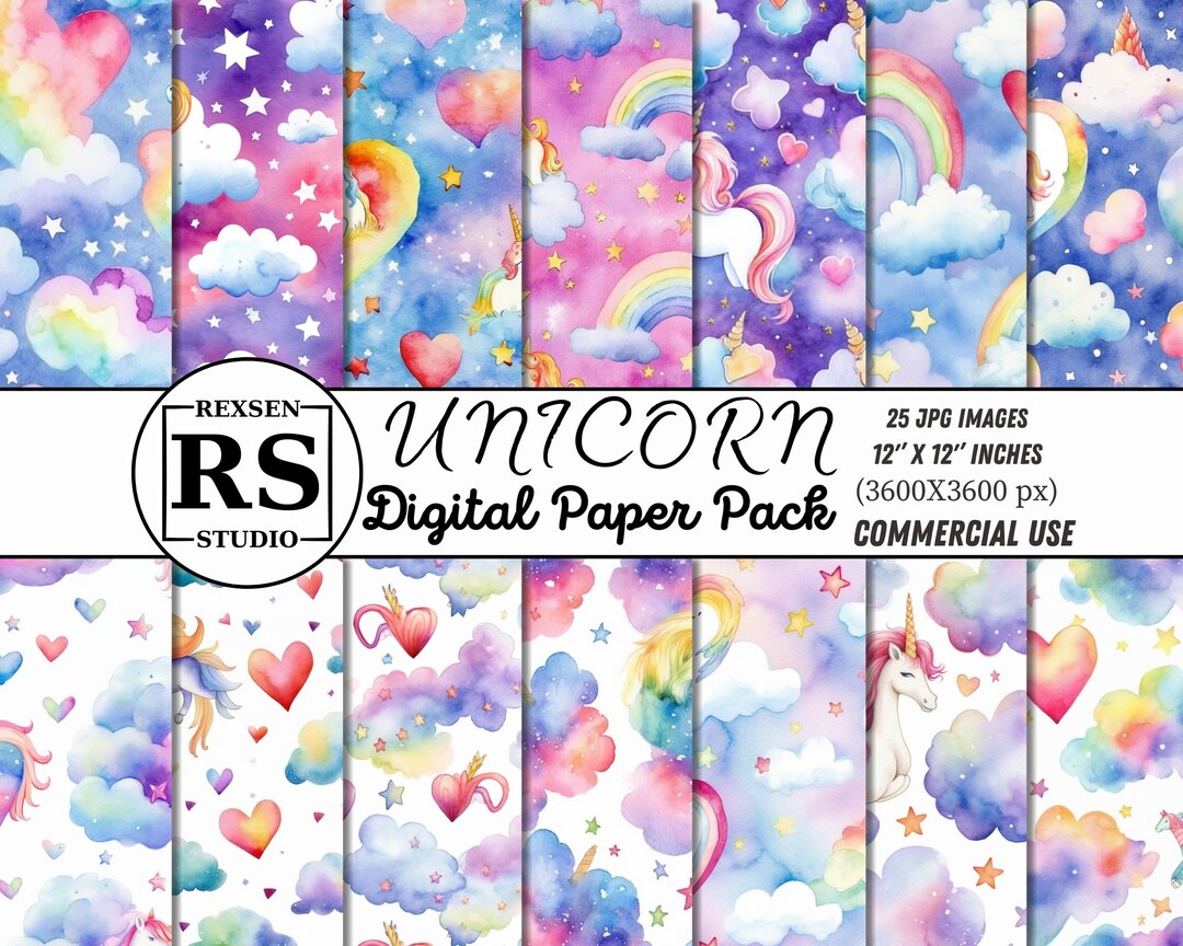 Watercolor Unicorns Digital Paper Pack, Rainbow Unicorns, Clouds ...