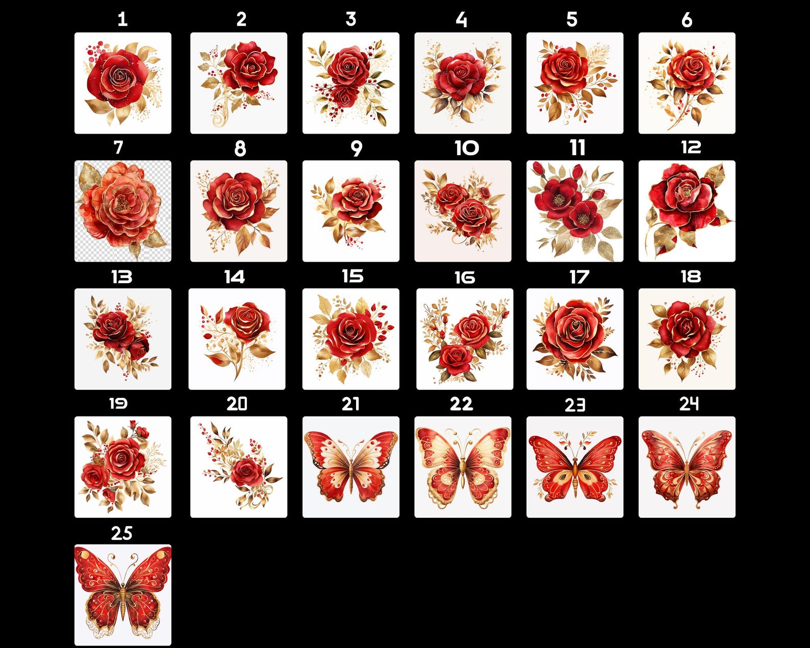 Red and Gold Floral Clip Art, Digital Instant Download Painted ...