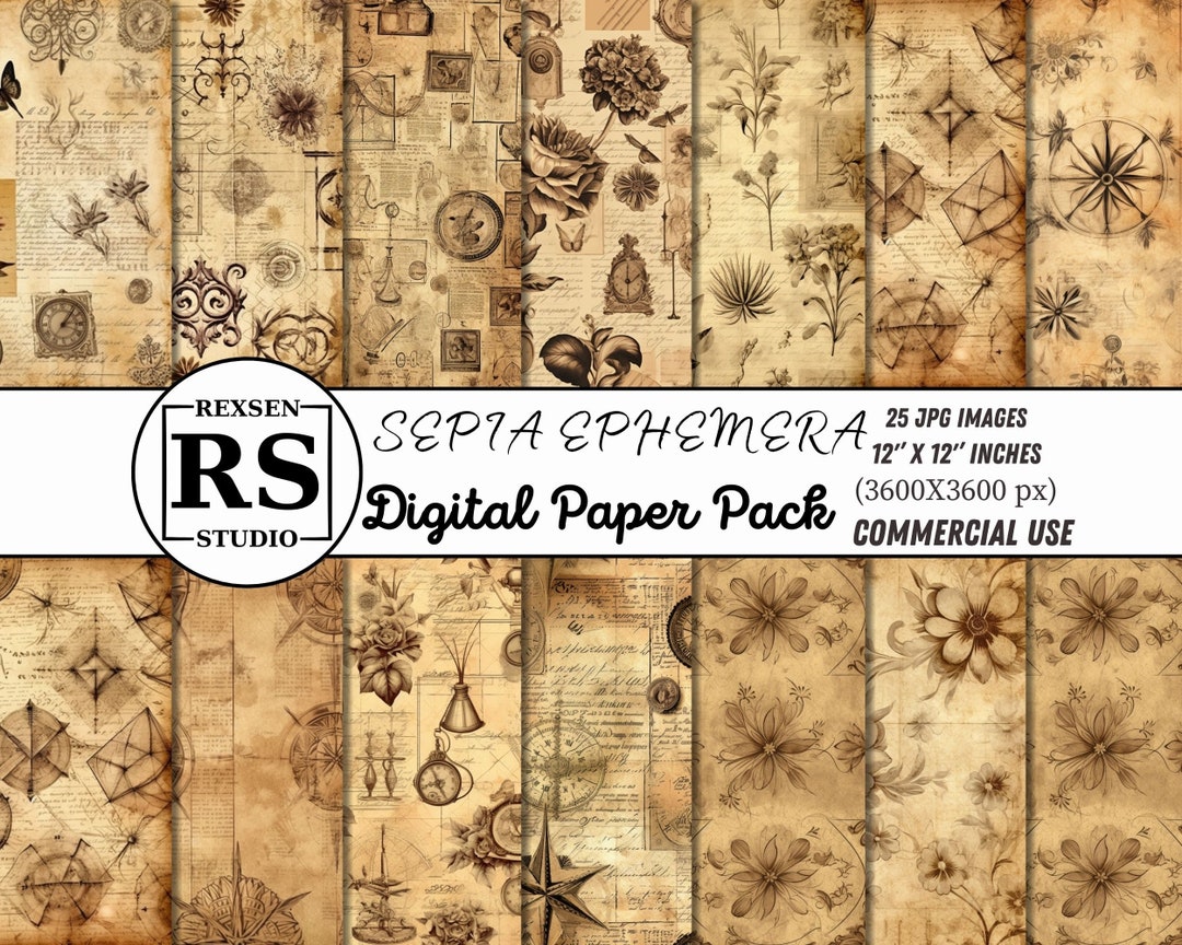 Sepia Ephemera Digital Paper Pack, Vintage Texture Backgrounds ...