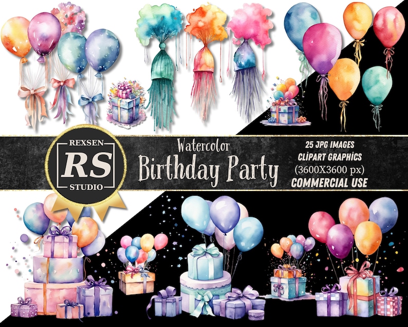 Watercolor Birthday Clipart Bundle: Balloons, Cake, Presents ...