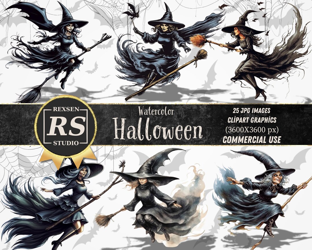 Halloween Witch on a Broom Clipart, Digital Crafting Bundle: Watercolor ...