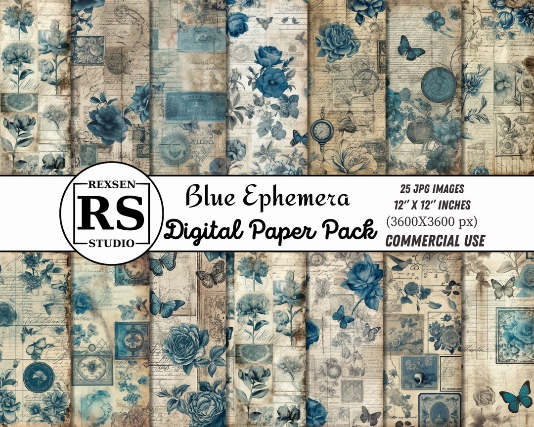 Blue Ephemera Digital Paper, Instant Download Vintage Scrapbook Paper ...