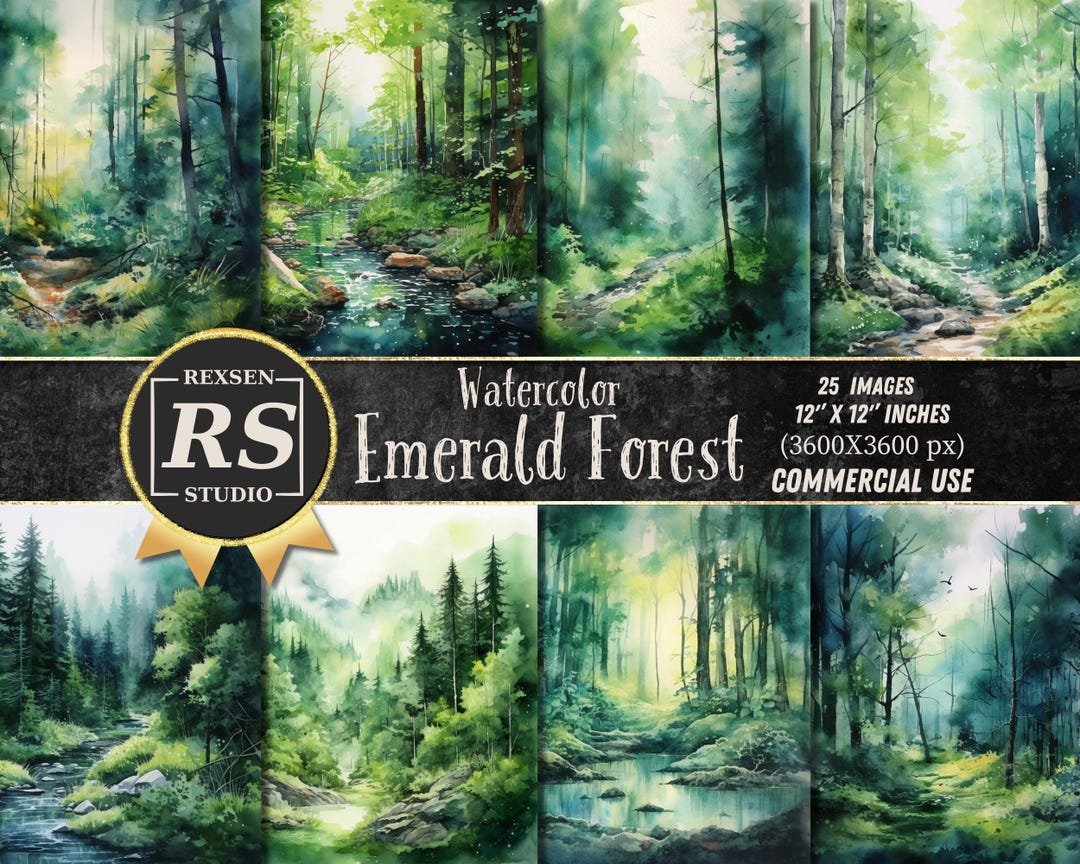 Watercolor Emerald Forest Digital Paper Pack, Green Scrapbook Textures ...