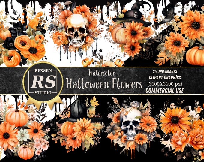 15 Halloween Flower Clipart, Flowers Clipart, Printable Watercolor ...