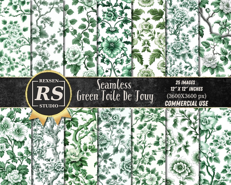 Green Toile De Jouy Digital Paper, Vintage Floral Patterns, Green and ...