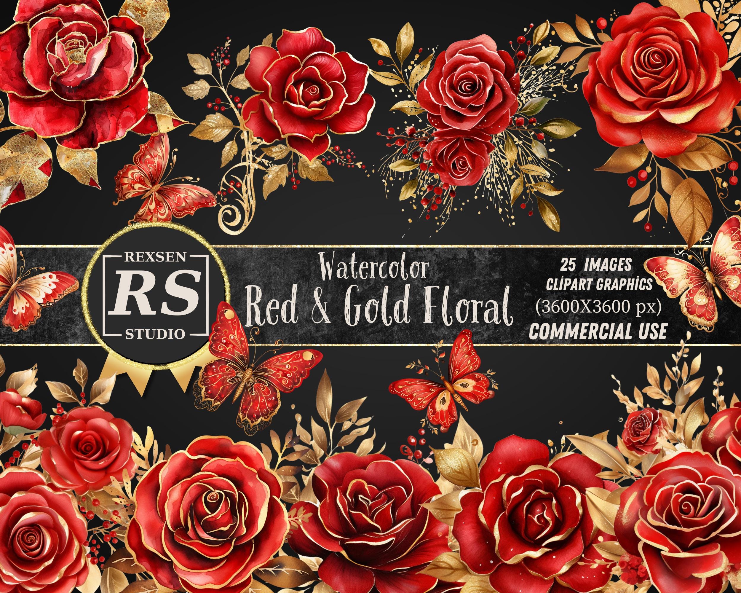 Red and Gold Floral Clip Art, Digital Instant Download Painted ...