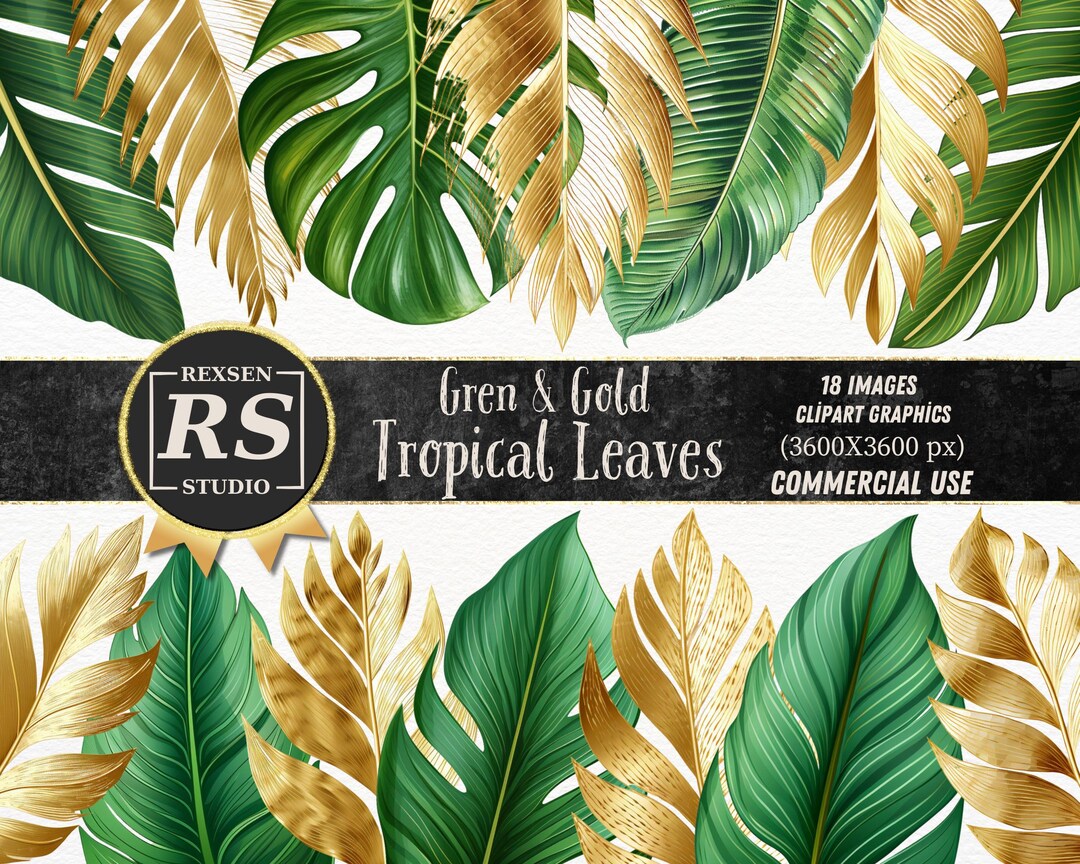 Green and Gold Tropical Leaves Clipart, Gold Foil Tropical Leaf PNG ...