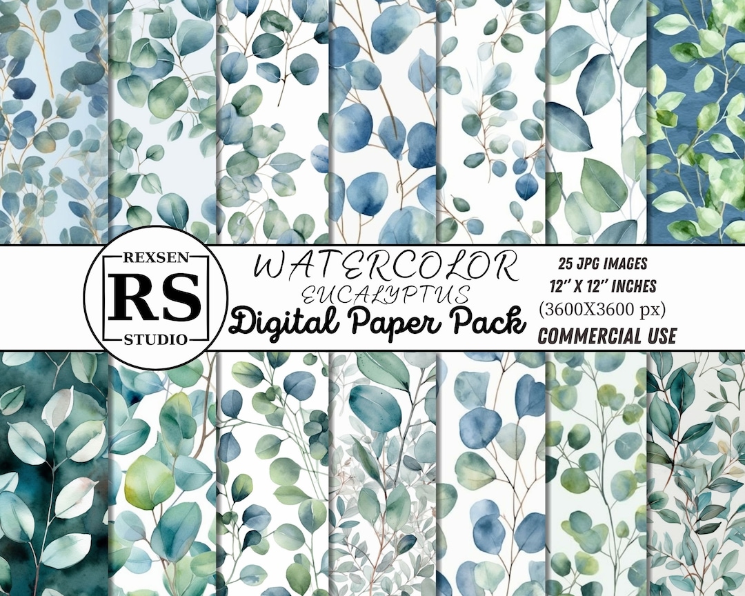 Watercolor Eucalyptus Digital Paper Pack: Seamless Leaves Print ...