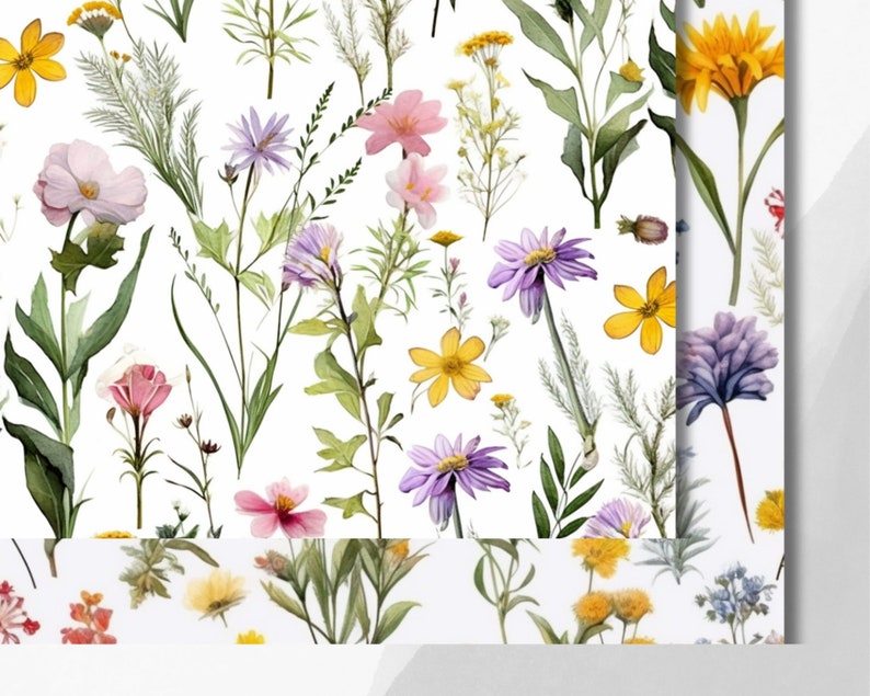 Wildflowers Summer Floral Digital Paper Pack, Wildflowers Greenery ...